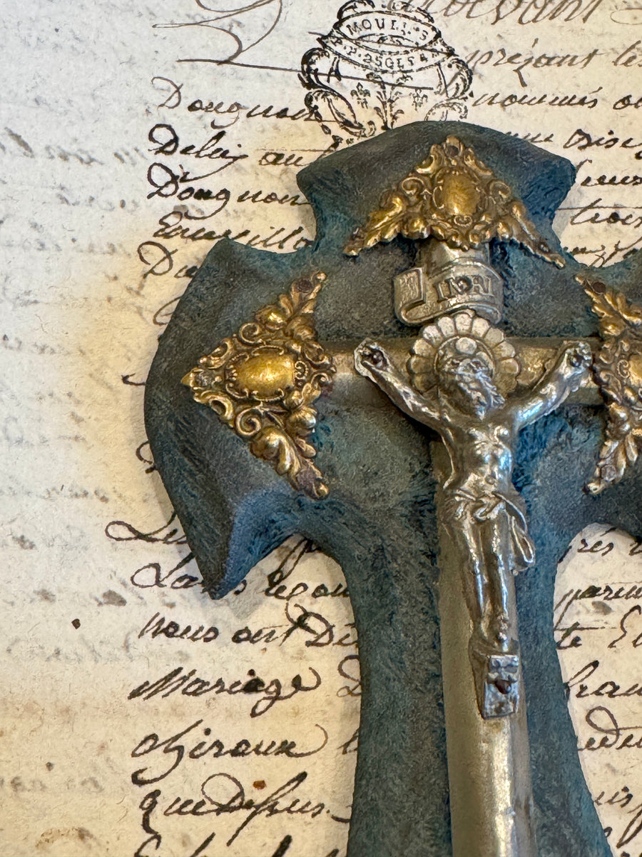 Antique French Blue Velvet Crucifix & Holy Water Font – Monahan Papers
