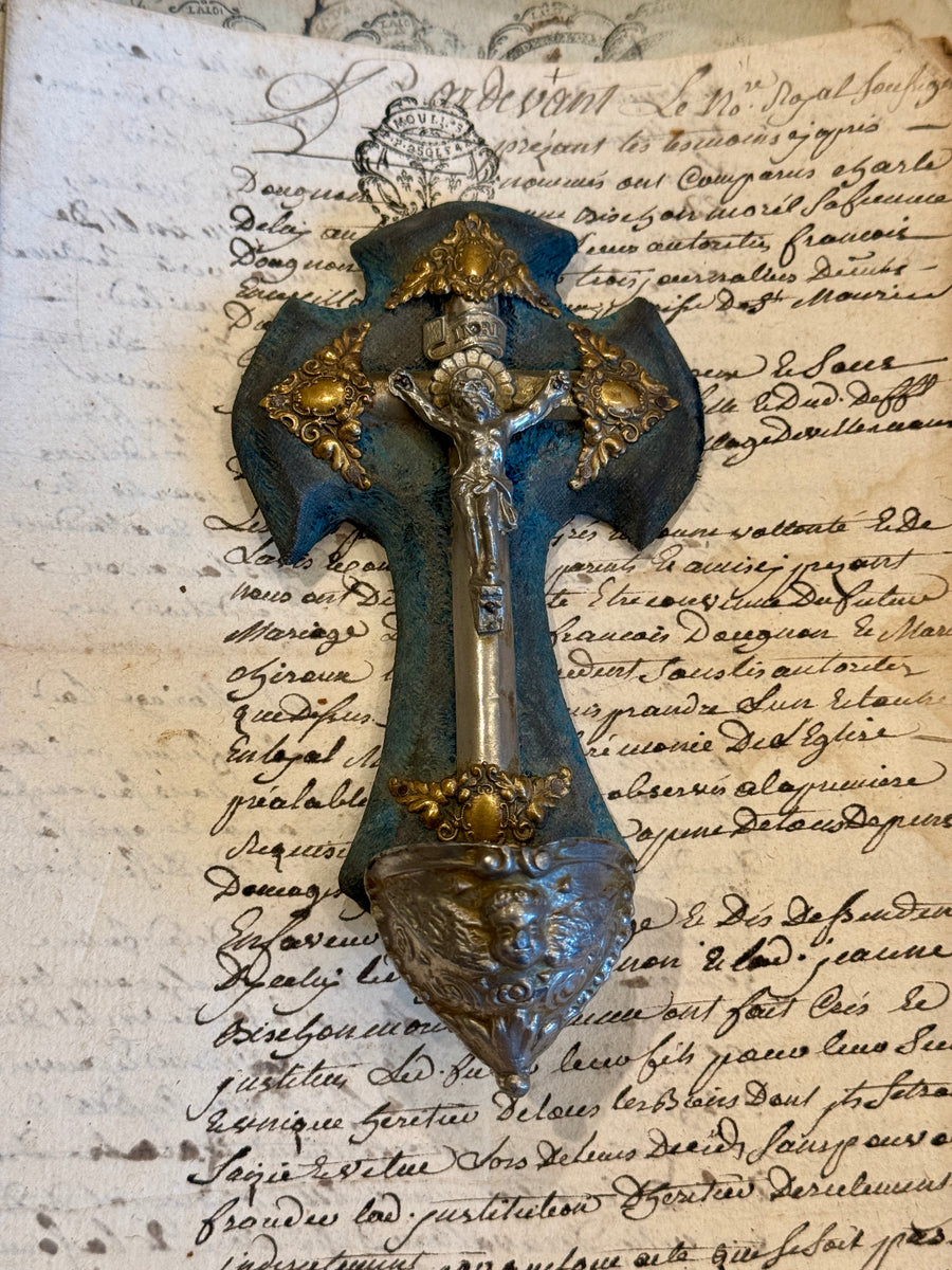 Antique French Blue Velvet Crucifix & Holy Water Font – Monahan Papers