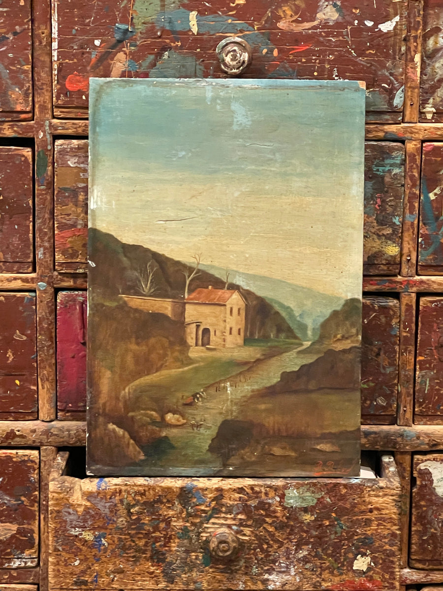 Original Antique French Landscape Oil Painting on Board - 1800's ...