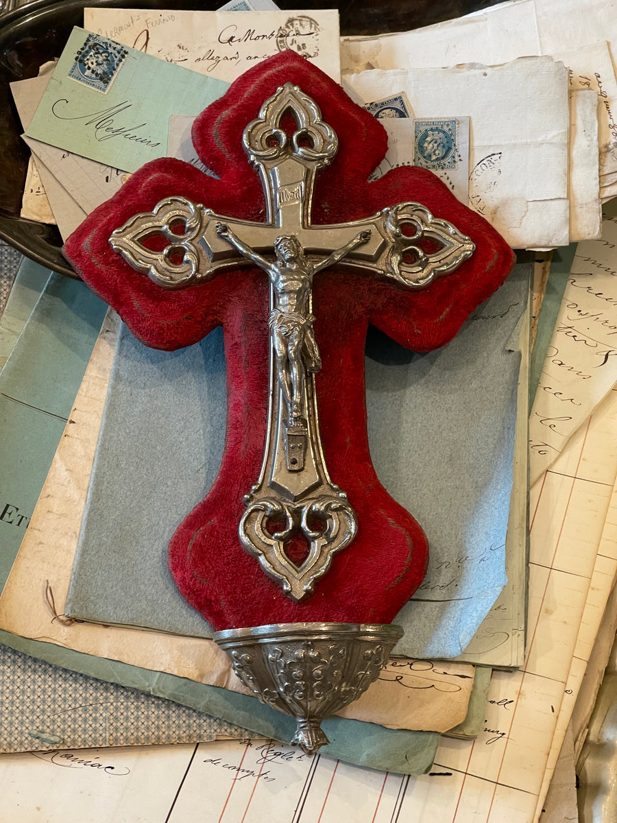 Antique French Crucifix & Holy Water Font - Red Velvet – Monahan Papers